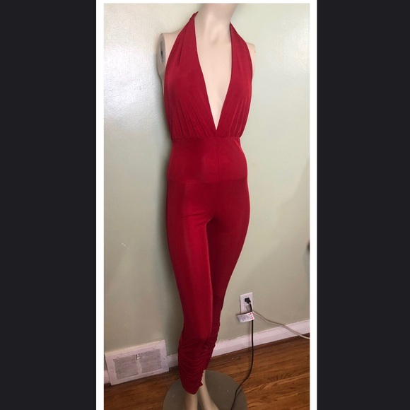 Pants & Jumpsuits | Sexy Lowcut Red Halter Jumpsuit With Cinched Legs ...